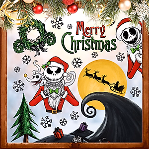 Yovkky 158 PCS Merry Christmas Nigh.tmar.e BEF.ore Christmas Window Clings, Santa Claus Xmas Tree Stickers Decals Decor, 2025 New Year Winter Holiday Party Home Kitchen Decorations