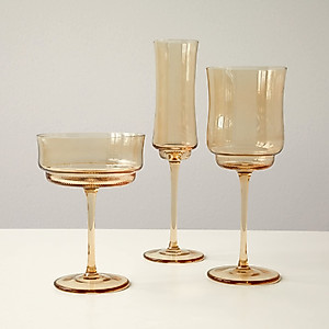 Twine Tulip Coupe Glasses, Gold Amber Tinted Drinking Stemmed Cocktail Tumblers or Wine Cups, Yellow Brown, 9 Oz, Set of 2