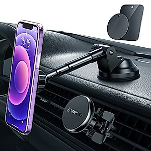 VANMASS Magnetic Car Phone Holder, [Super Strong Magets & Ultra Stable] Suction Cup Phone Holder Aluminium Alloy Structure, Handsfree Dashboard Window Car Mount Compatible with All Phones