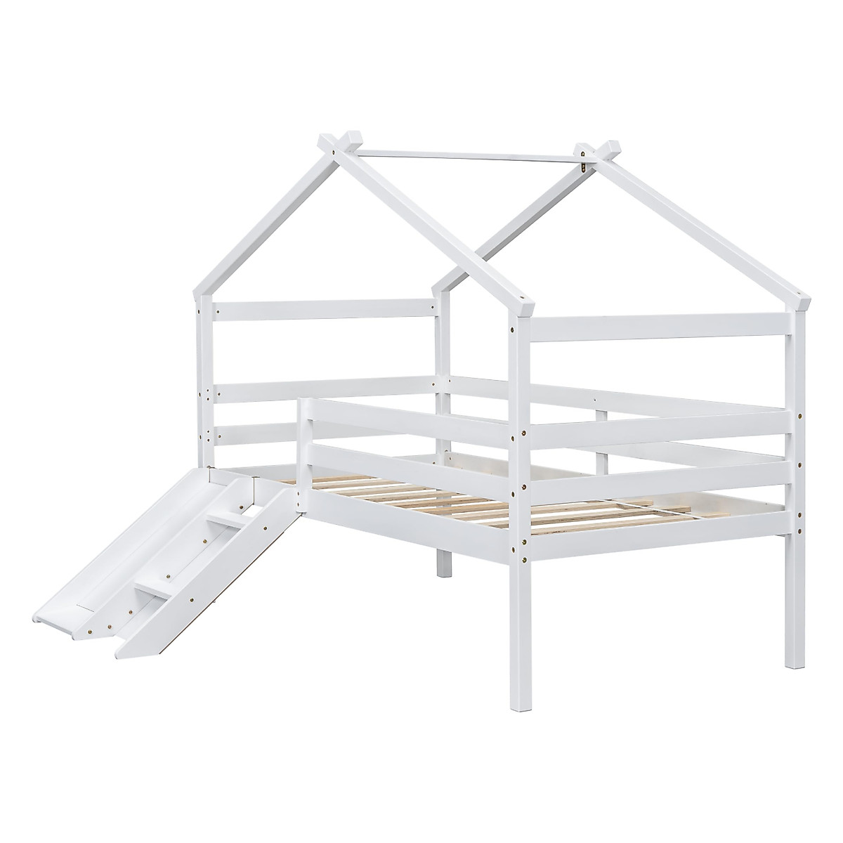 Bekeknlny Twin Low House Bed for Kids with Slide, Ladder, Safety Guardrails, Modern Wood Loft Bed for Boys Girls, No Box Spring Needed (White/House*L, Twin)