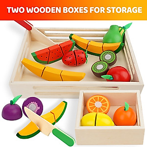 BAODLON Wooden Cutting Fruit Set - Wooden Play Food Toys for Kids Kitchen, Multi Play Food Kitchen Accessory with 2 Trays, Play Fake Fruit Toys Birthday Gifts for 3 4 Years Toddler Girl Boy