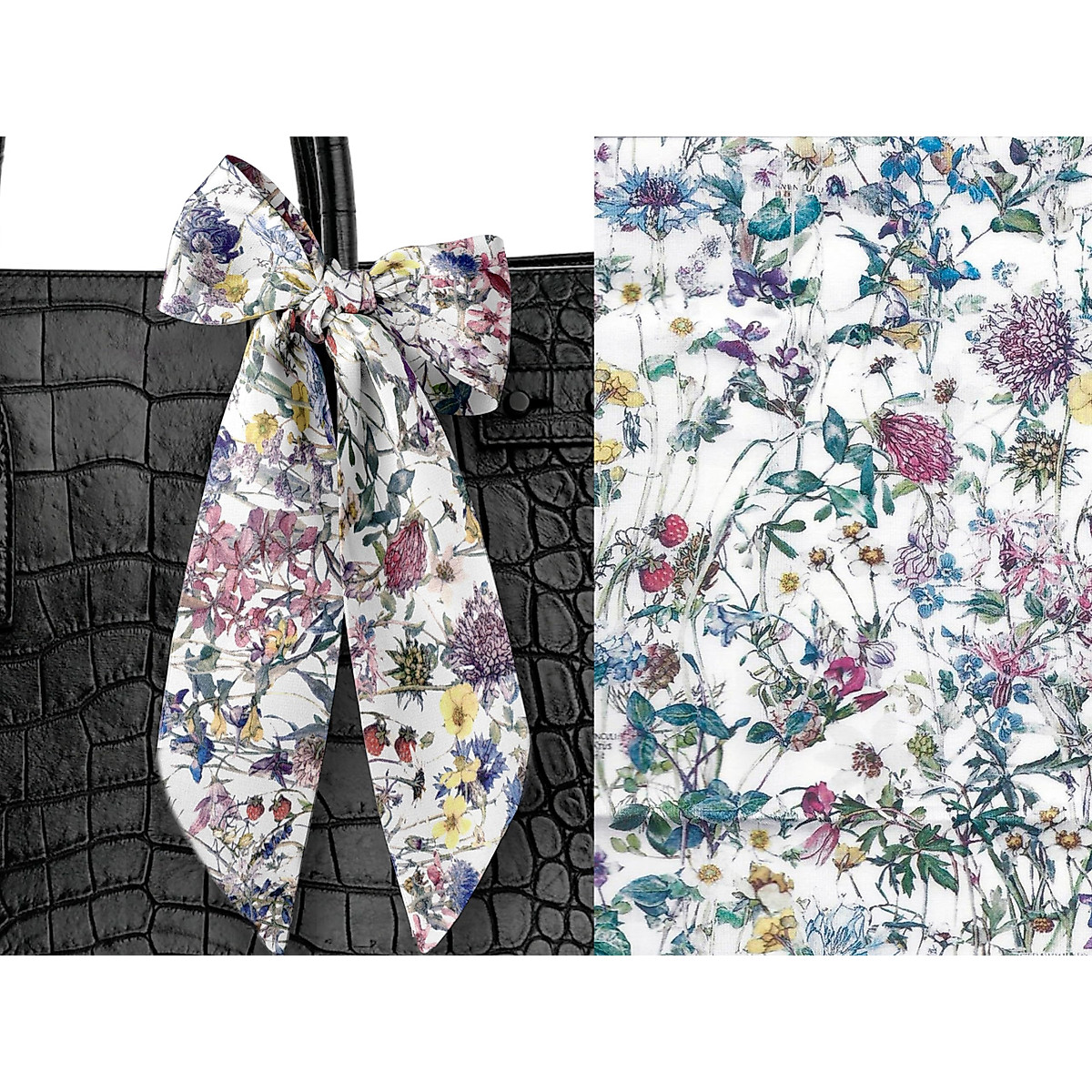 Liberty London Purse, Head, or Neck Scarf - "Wild flowers White" Skinny Scarf - Headband, Handbag, Purse Handle - Silky Tana Lawn Cotton