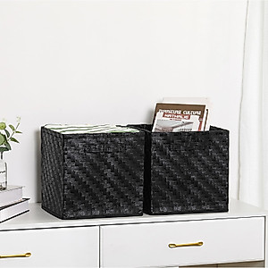 HODJOY Cube Storage Organizer, Handwoven Storage Cubes for Shelves, Recycled Paper Rope Foldable Storage Basket with Handles, Pack of 2, 11''*11''*11" (Black)