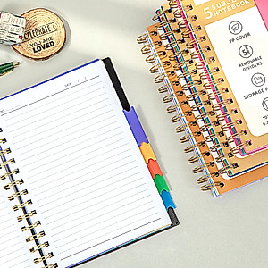 CAGIE 5 Subject Notebook College Ruled with Removable Tabs, Lined Spiral Journals Notebook for Women Men Writing, Notebooks for Work Note Taking School Supplies, A5 - Pink