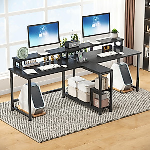 Mexin Home Office Desk-83.7 Inch 2 Person Desk with Storage Shelves and Power Outlets, Double Desk with Monitor Stand, Computer Gaming Desk, Large Work Desk, Black