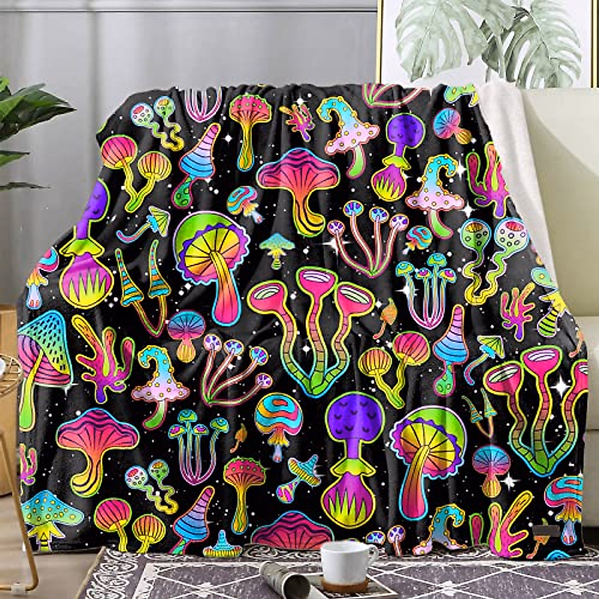 Color Mushroom Blanket for Women Men, Fuzzy Soft Fleece Flannel Mushroom Blankets for Bed Sofa Couch Lovers Gift, Lightweght Cozy Blankets for Travel Camping Hiking 50"x 60"