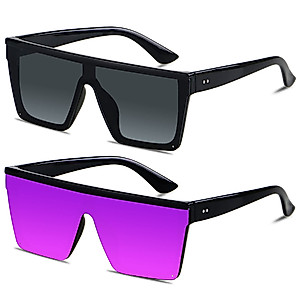 LYZOIT Square Oversized Sunglasses for Women Men Big Flat Top Fashion Shield Large UV Protection Shades Mirrored Purple Sun glasses