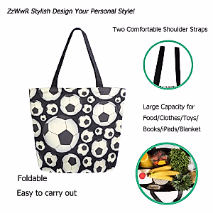 ZzWwR Cute Soccer and Football Balls Pattern Large Canvas Gym Beach Travel Reusable Grocery Shopping Tote Bag Foldable Handbag,Black White