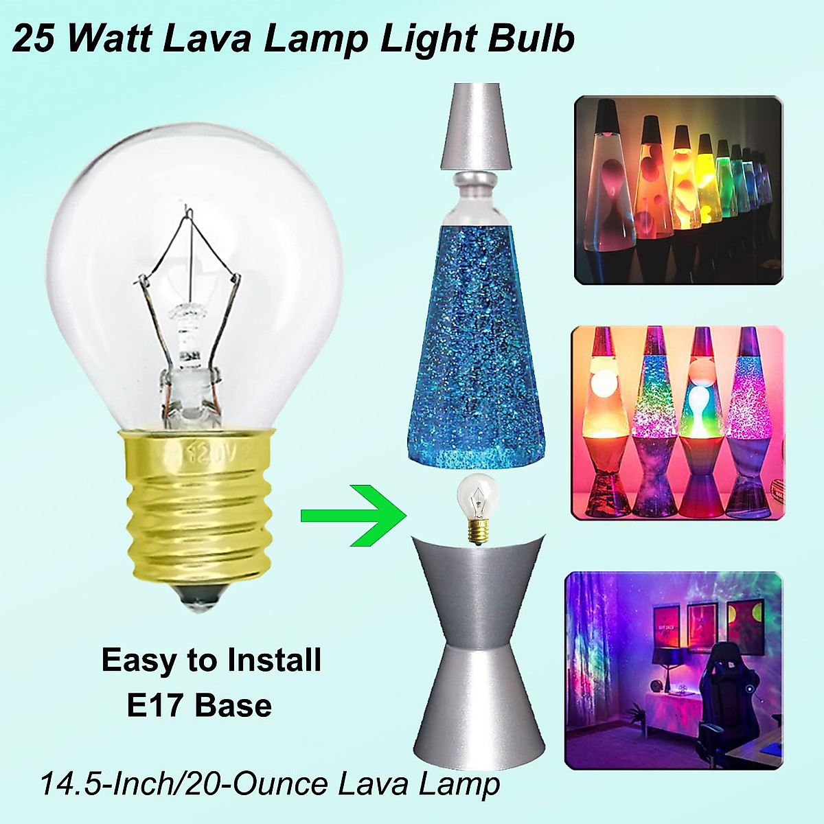 Lava Lamp Bulb 6 Pack S11 25W E17 Base Lava Lamp Light Bulb,Replacement Bulbs for 14.5 Inch Lava Lamps and Glitter Lamps,120 Volt,Dimmable,2700K Warm White