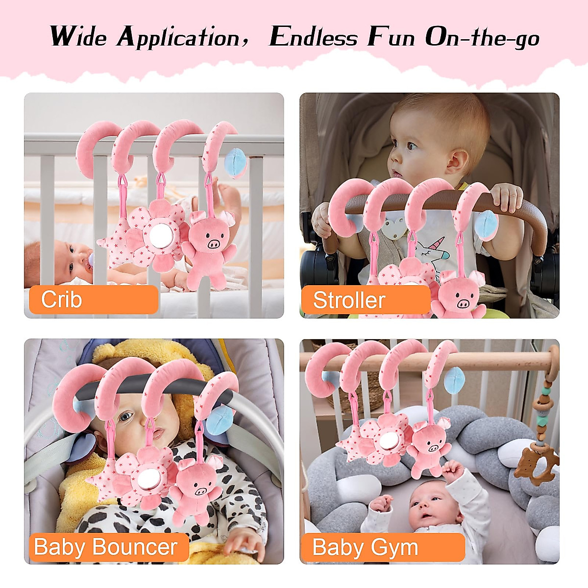 vocheer Car Seat Toys for Babies 0-6 Months Hanging Rattle Bouncer Toys for Crib Mobile, Infant Spiral Plush Stroller Toys，Girls Pink Pig