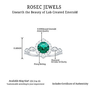 Lab Grown Emerald Diamond Engagement Ring, AAAA Quality, Certified 6 MM Round Emerald Halo Ring (With Jewelry Box), 14K White Gold, Size:US 5.00
