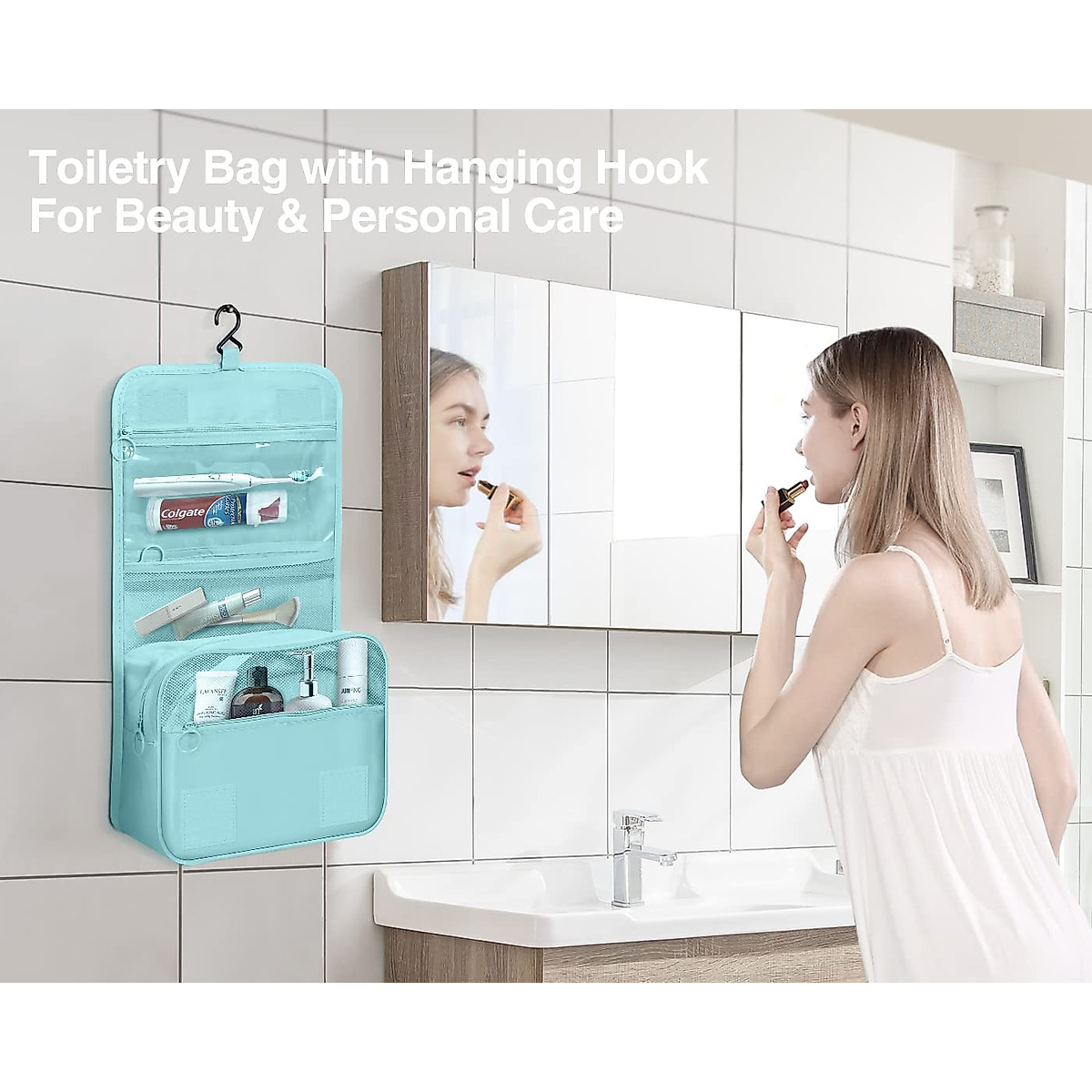 Luxtude Small Hanging Toiletry Bag for Women, Water-resistant Travel Toiletry Bag with Hanging Hook, Portable Toiletry Travel Organizer Bag for Toiletries, Shower, Bathroom, Cosmetics etc.(Blue)