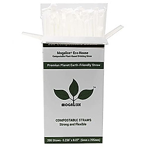 Compostable Straws, 200 Count Total, Mogalixe Certified Drinking Straws, 100% Plant-Based, Flexible, Paper Wrapped, Alternative to Plastic, Great for On The Go, Home, Restaurants... (200-Straws)