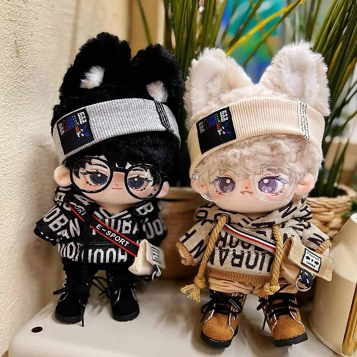 niannyyhouse 20cm Plush Doll Clothes Loose Hip-hop Suit Headwear Hoodie Pants Backpack Glasses Shoes 8in Doll Accessories (Black, 20cm)