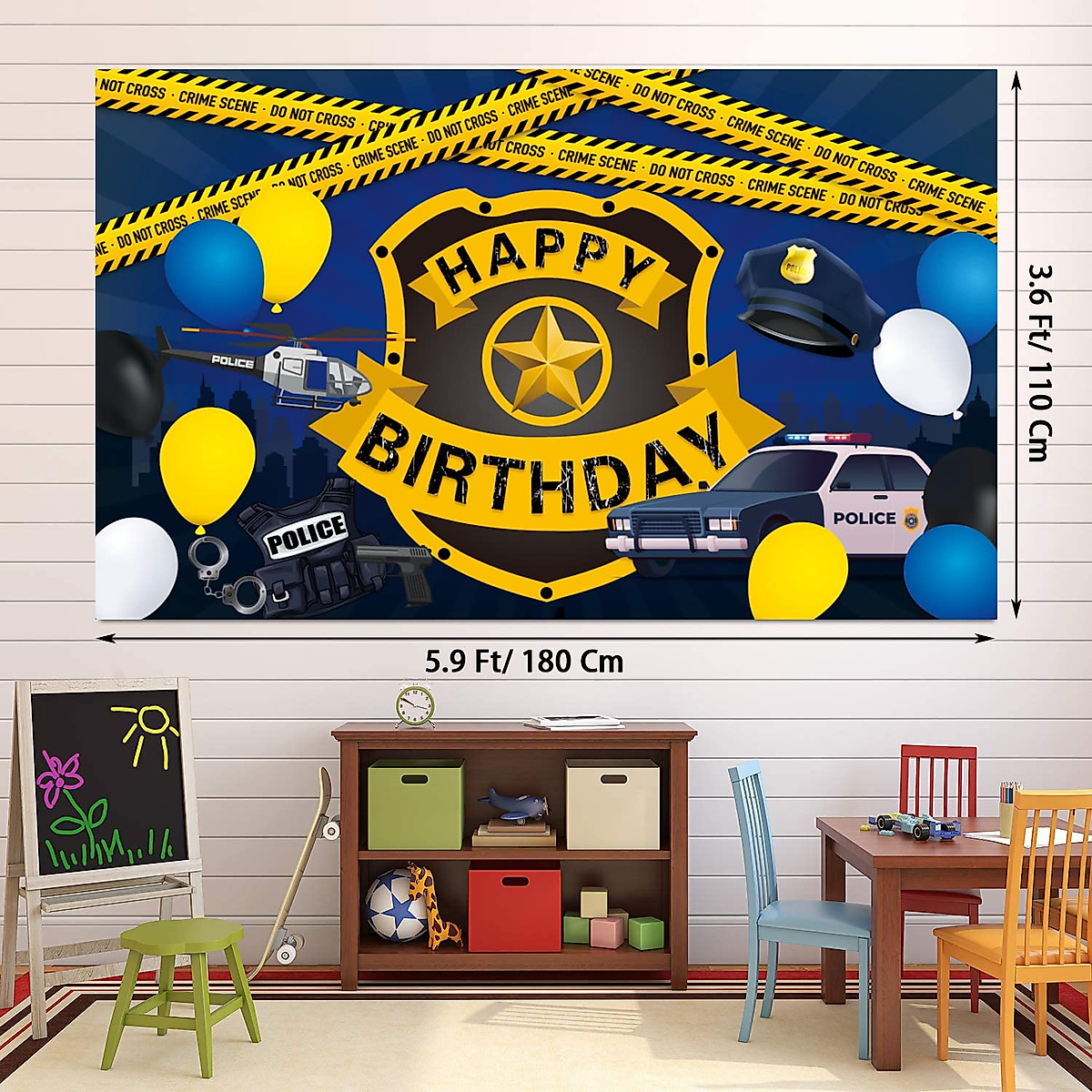 LXlucktim Police Birthday Party Supplies, 159 Pcs Police Cars Party Decorations for Girl Boy Baby - Backdrop, Cake, and Cupcake Toppers, Balloons, Cupcakes Wrappers, Hanging Swirls