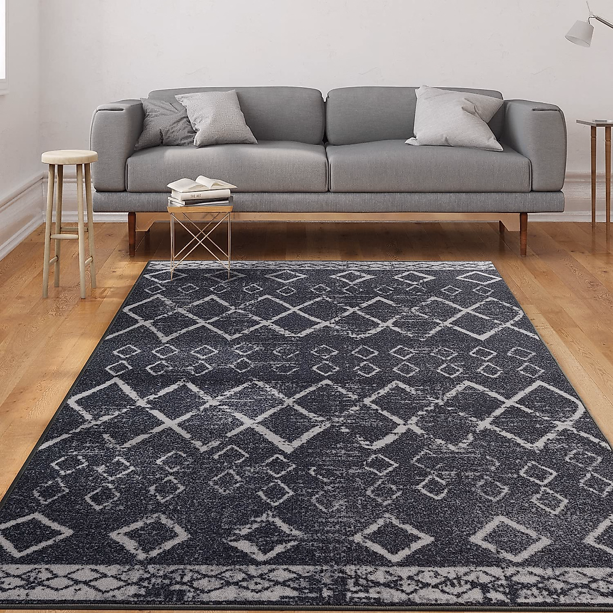 Antep Rugs Alfombras Non-Skid (Non-Slip) 8x10 Rubber Back Bohemian Distressed Moroccan Boho Low Pile Profile Indoor Area Rug (Charcoal Gray, 7'10" x 10')