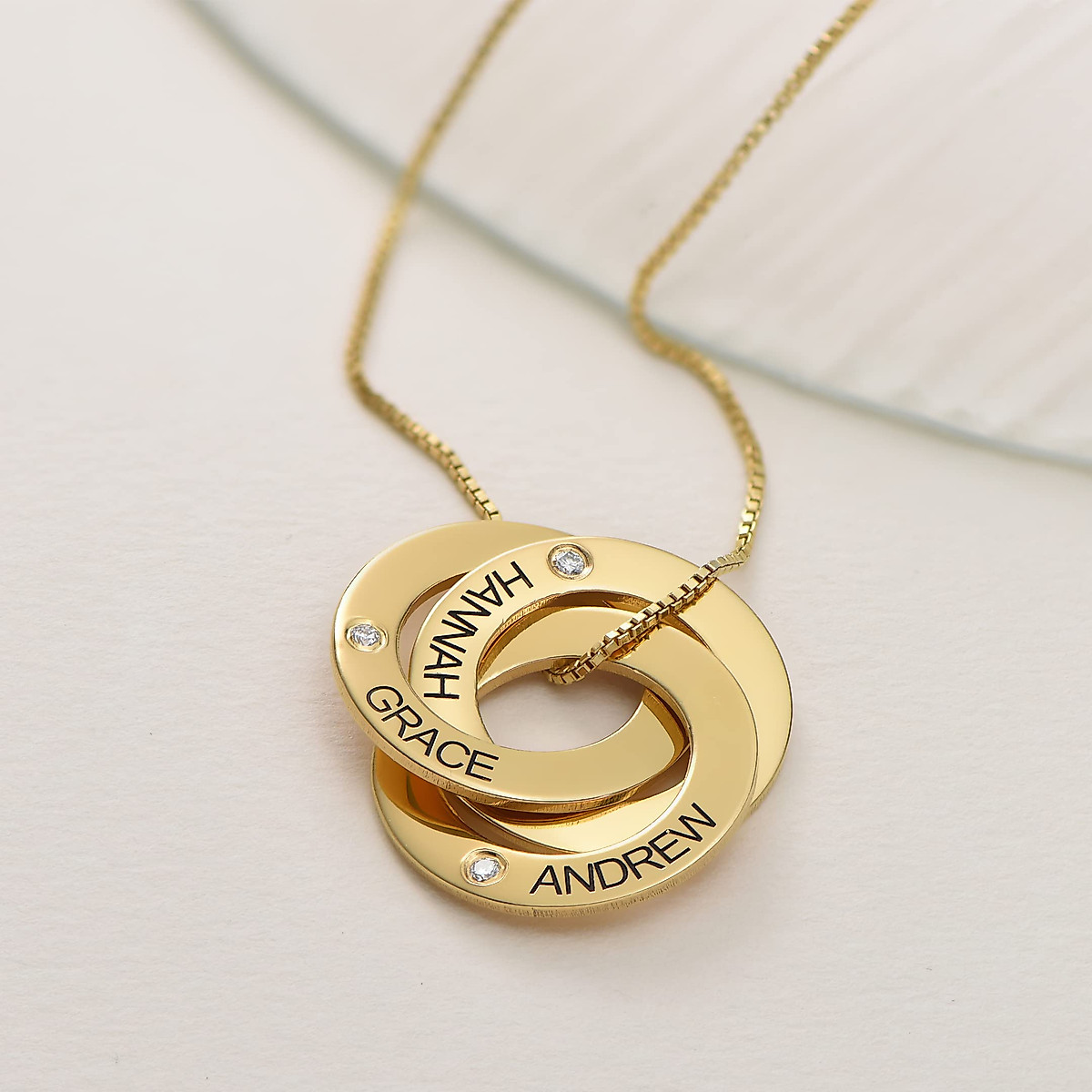 MYKA - Russian Ring Engraved Name Necklace with Diamonds Personalized 3 Circles Discs Inscription Customization Mother's Day Jewelry Gift… (18k Gold Plating)