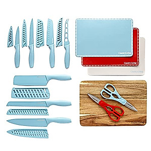 Country Living 20-Piece Kitchen Knife Quality Stainless-Steel Blades with Guards, Complete Set includes Knives, Shears, Acacia Cutting Board and Flexible Chopping Mats, Blue