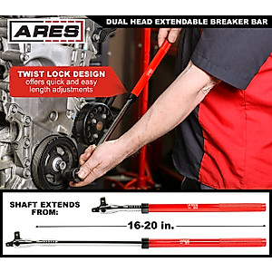 ARES 40007 – 3/8-Inch Drive & 1/2-Inch Drive Dual Head Extendable Red Breaker Bar – 16-Inch to 24-Inch Extendable Length – Easy Use Twist Lock Adjustable Design
