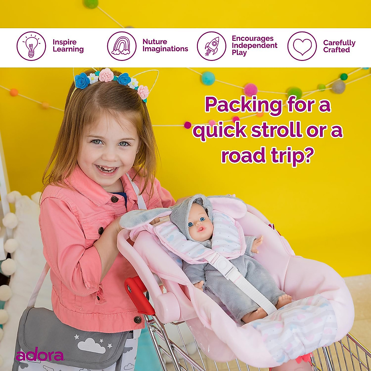 Adora Baby Doll Car Seat Carrier with Removable Seat Cover - Machine Washable, Fits Most Dolls & Plush Animals Up To 20”, Birthday Gift for Ages 2+ - Pastel Pink Hearts