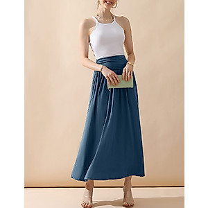 DOUBLJU Casual High Waisted Maxi Skirts with Pocket Elastic Wide Waist Band Flare Long Basic Skirts for Women Trendy Summer