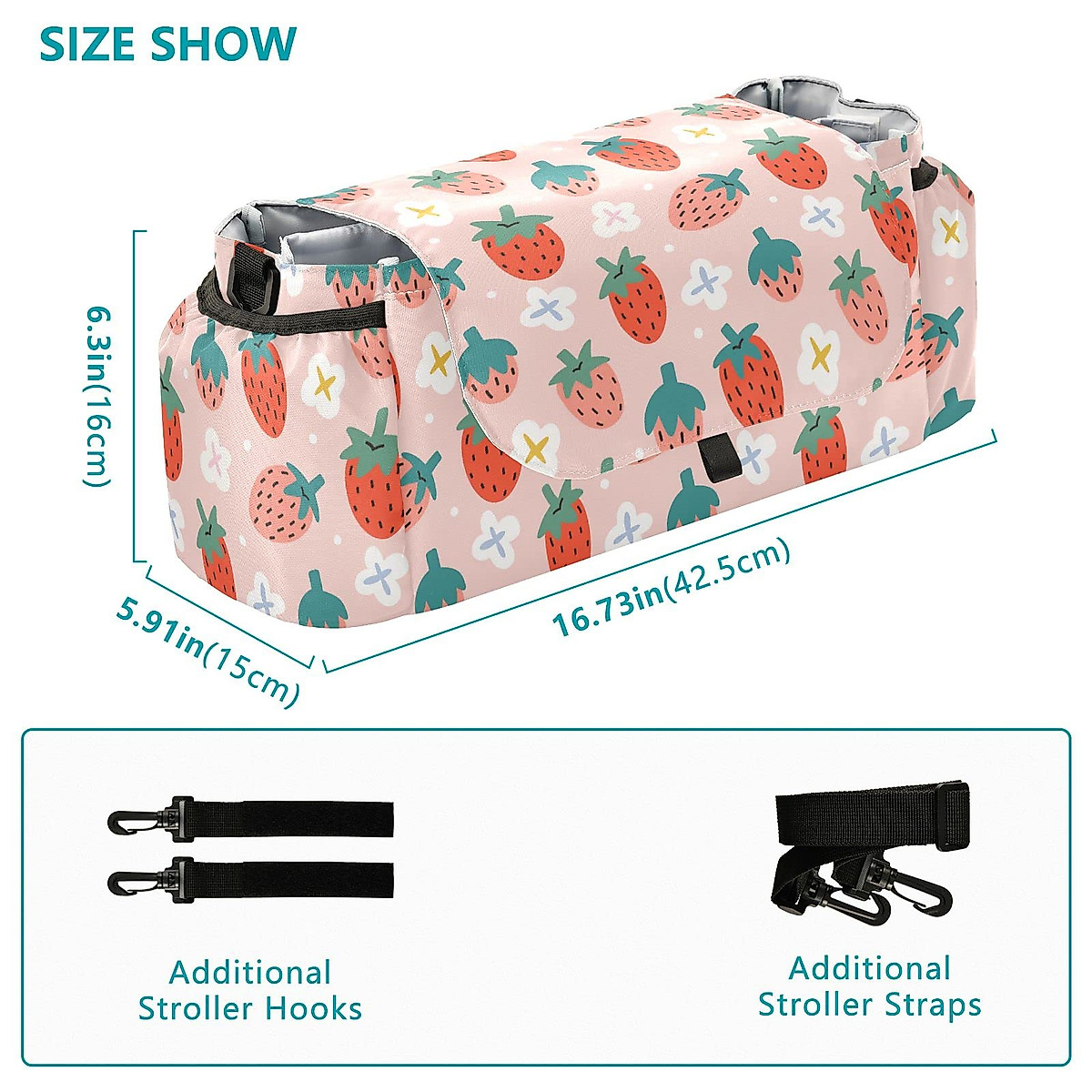 Pink Strawberries Flowers Stroller Organizer with Cup Holder Universal Stroller Organizer Bag Detachable Shoulder Strap Stroller Accessories for Diaper Snacks Toys Keys Fit All Baby Stroller