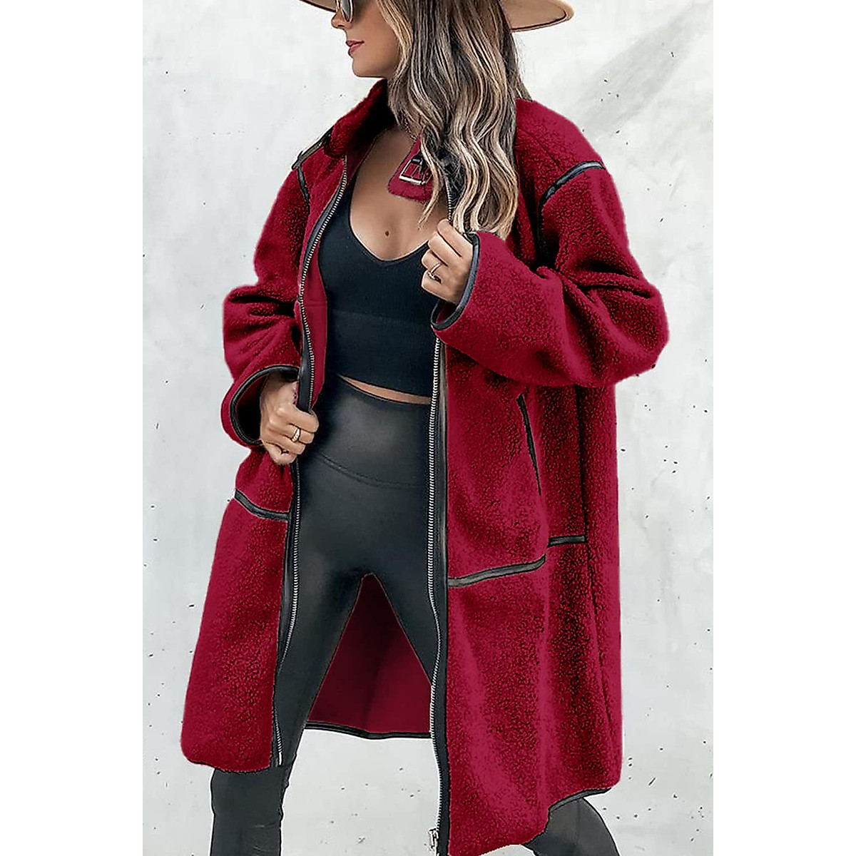 PRETTYGARDEN Women's Full Zip Fleece Jacket Long Sleeve Lapel Warm Winter Sherpa Coat With Pockets (Jujube Red,Large)