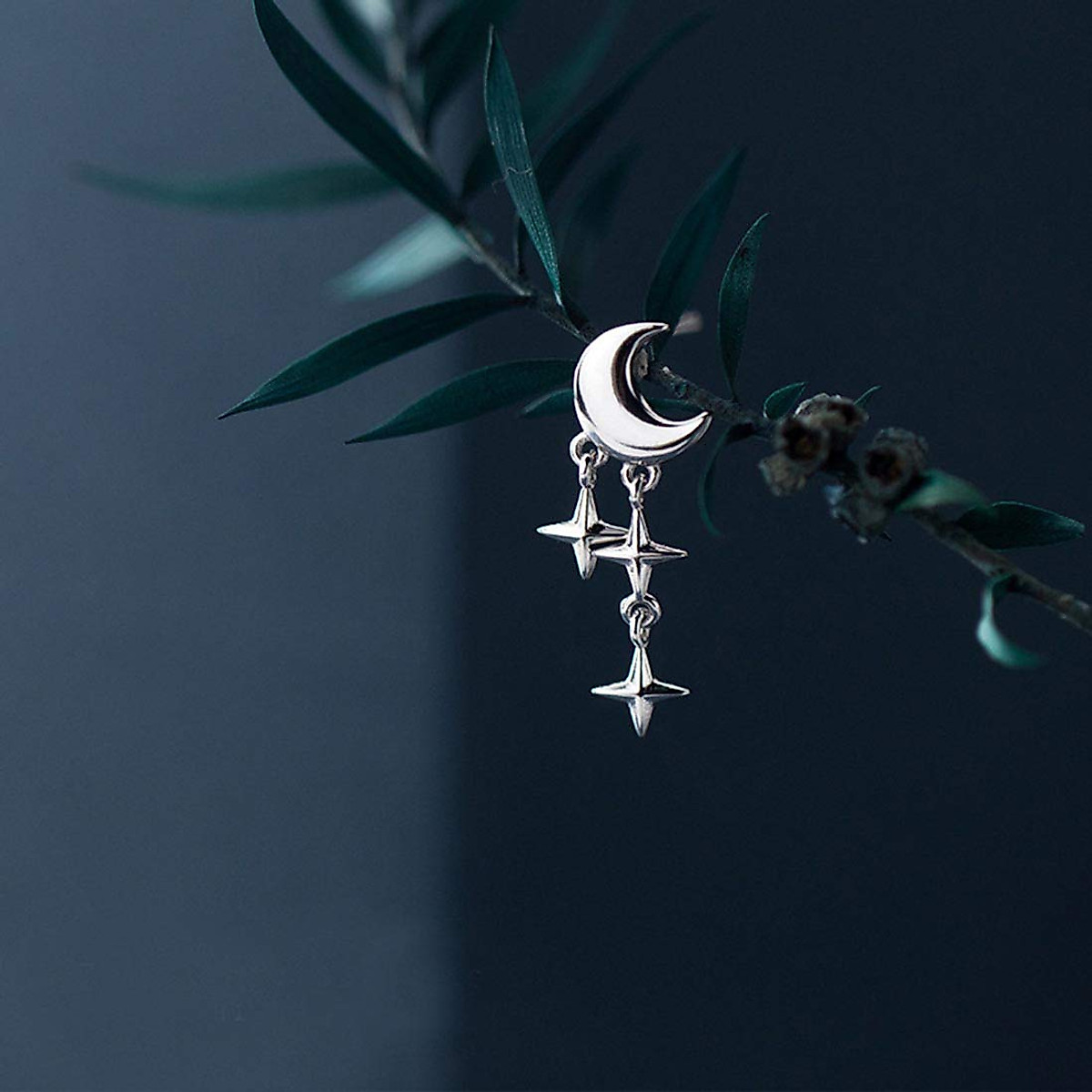 SLUYNZ 925 Sterling Silver Tiny Moon Star Earrings Studs for Women Teen Girls Small Moon Studs Earrings Star Drop (A-Silver)
