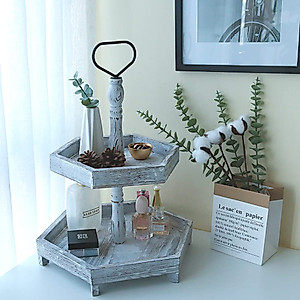 Two Tiered Tray White Farmhouse Decor Trays, Wood Fall Kitchen Decor Tray, 2 Tier Trays Wood Cake Stand Country Decor Tiered Serving Tray Wooden Festival Decorative Tray 19"x15"