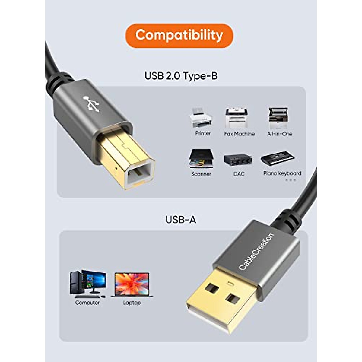 CableCreation USB Printer Cable 5FT, USB 2.0 Printer Cable to Computer, USB A to USB B Printer Cord for HP, Brother, Epson, Canon, Piano, Dac, Aluminum Case, Black 1.5m