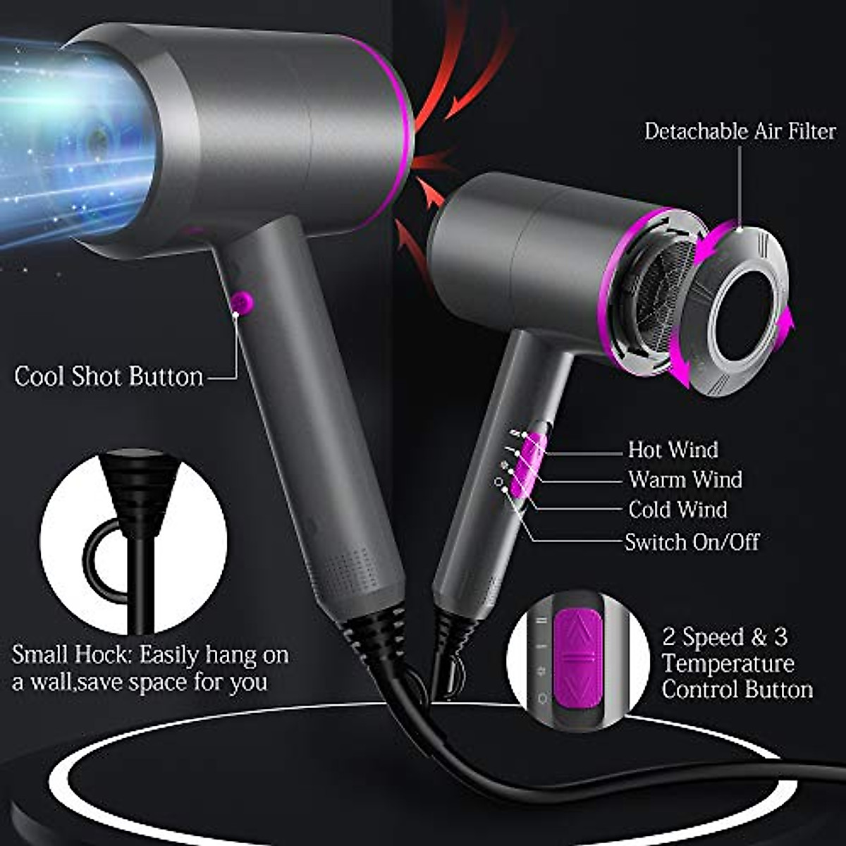 Fezax Ionic Hair Dryer 2000W Salon Performance AC Motor Styling Tool / Hair Dryer Professional Blow Dryer Negative Ion Fast Drying for Hair Care 3 Heating / 2 Speed / Cold, for Home Travel Hotel