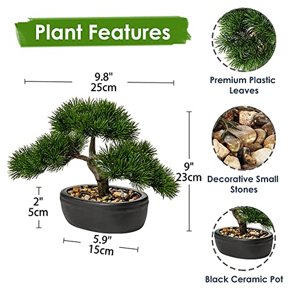 Fake Bonsai Tree Zen Juniper Bonsai Plant 9” Tall Artificial Bonsai Trees with Black Ceramic Pot Decorated with Pebbles Desk Plant Indoor Bonsai for Home Office Decor