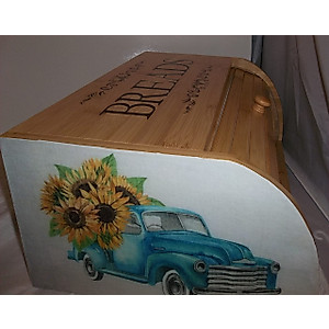 Blue Truck Bread Box Bamboo Wood Sunflowers Kitchen Country Decorative Decor new