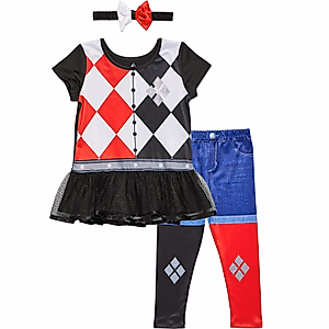 WARNER BROS. Harley Quinn Toddler Girls Cosplay Costume Dress Leggings and Headband 3 Piece Set 3T