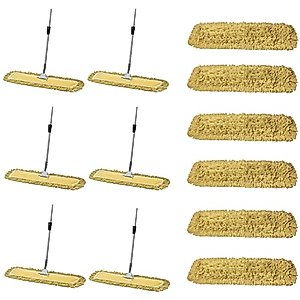 24 Inch Yellow Dust Mop with Metal Handle and 24 Inch Dust Mop Refill Bundle - 6 Mop Sets and 6 Refills