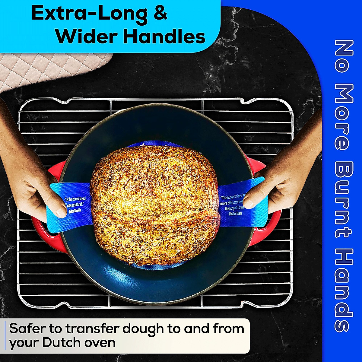 Silicone Bread Sling Dutch Oven Liner-Extra Thick Non-Stick Reusable Silicone Sourdough Bread Baking Mat with Long Handles, Sourdough Bread Baking Supplies (BlueUSA)