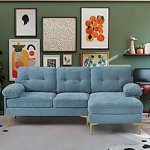 TEKAMON 82.7" Blue Convertible Sectional Sofa, Chenille Fabric L-shaped Couch, Small 3 seats Reversible Sleeper Sofa with Machine Washable Covers for Living room,Apartment and Small Space, Gloden legs