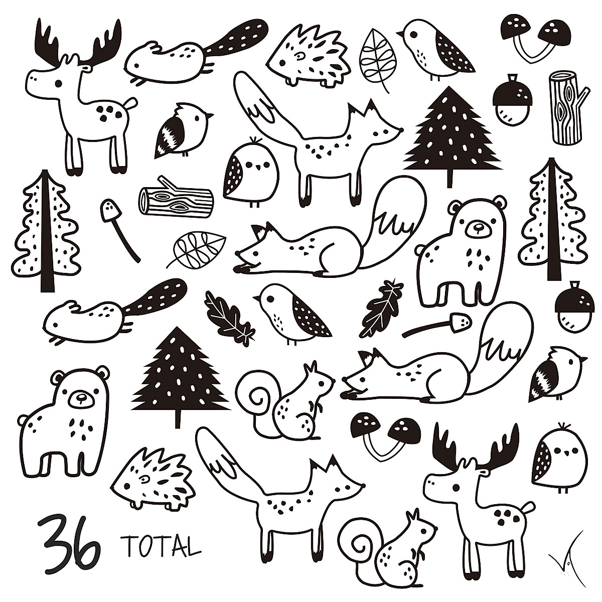 The Boho Design Forest Animal Wall Decals Peel and Stick for Kids, Baby Bedroom Nursery and Living Room, Vinyl Wall Stickers Decor, Original Artist Design. 36 pcs Adhesive Nordic Style (Black)
