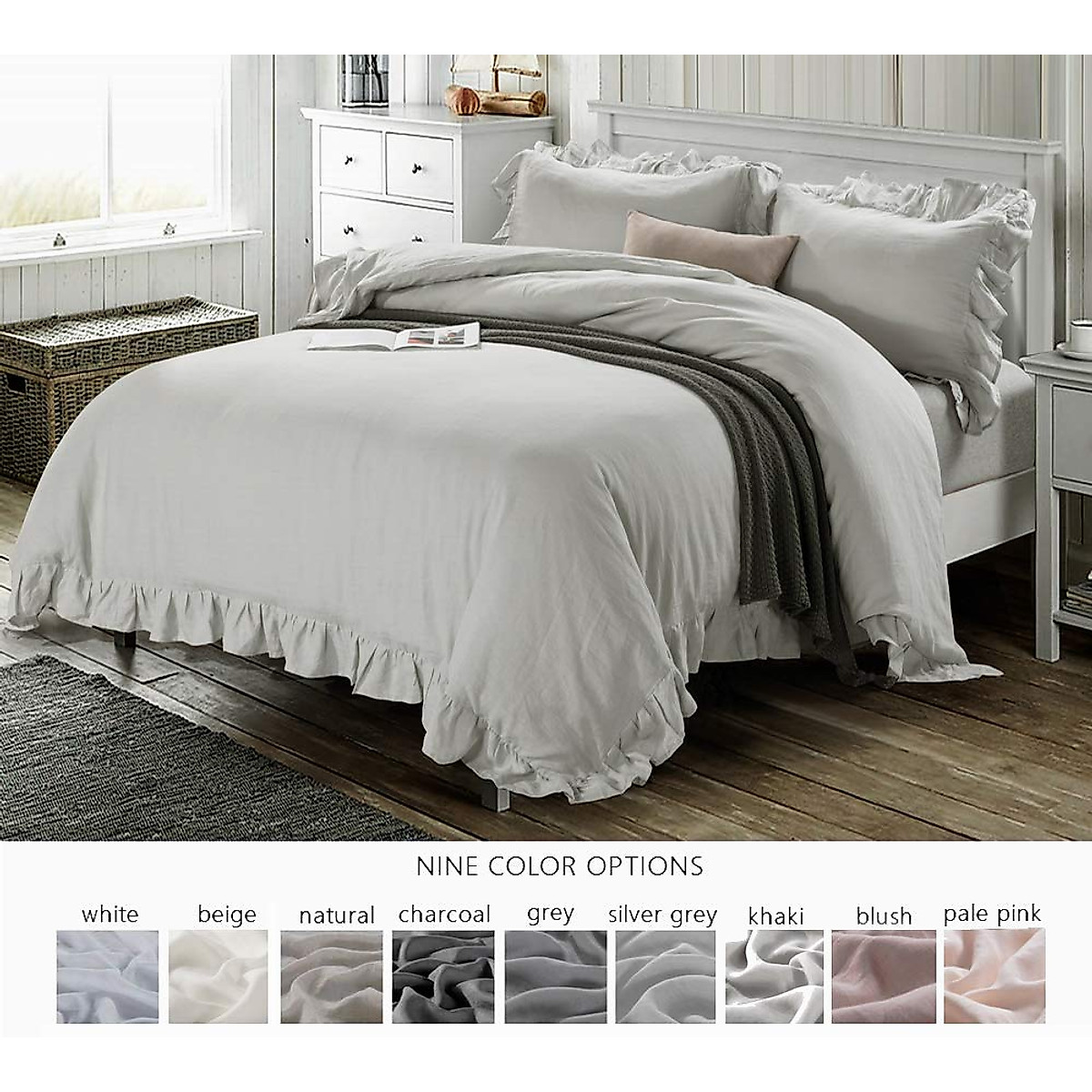 meadow park 100% Stone Washed French Linen Duvet Cover Set 3 Pieces - Super Soft,King 104 inches x 92 inches - Shams 20 inches x 36 inches, Ruffled Style - Button Closure - Corner Ties, Light Grey