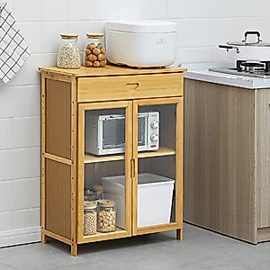 MoNiBloom 4 Tier Bamboo Sideboard Cupboard Kitchen Floor Standing Storage Cabinet with Visible Doors and a Drawer for Toaster Coffee Pot Small Appliances, Natural