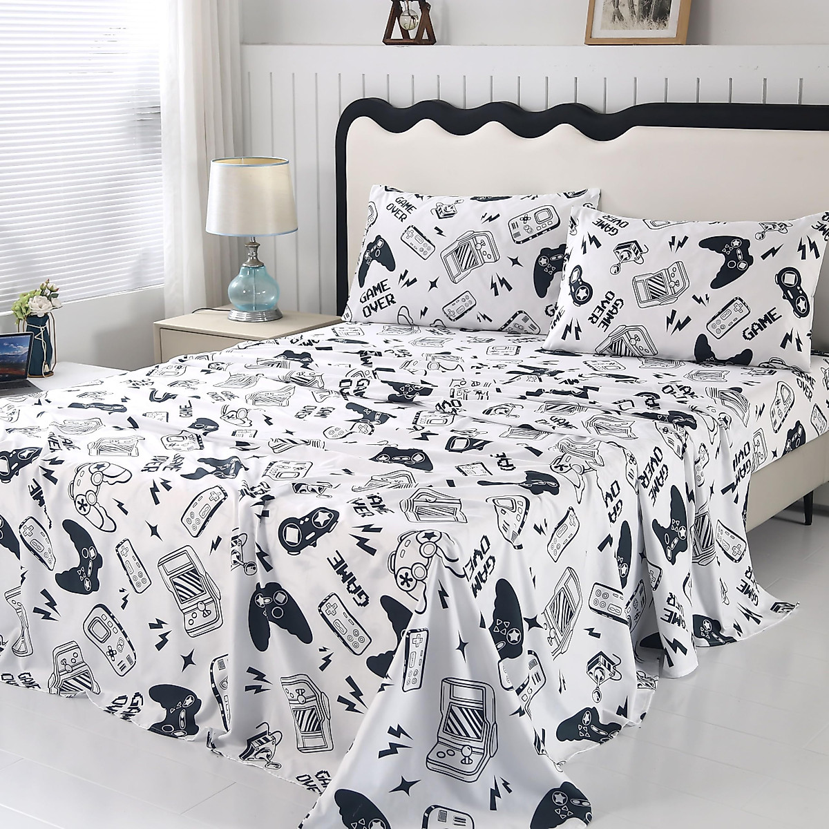 SDIII 4PCS Black and White Gamer Bedding Sheet Twin for Boys Girls Teens and Kids, Bed in a Bag Sheets Set Twin, Video Game Bed Sheet Set on Amazon, Twin