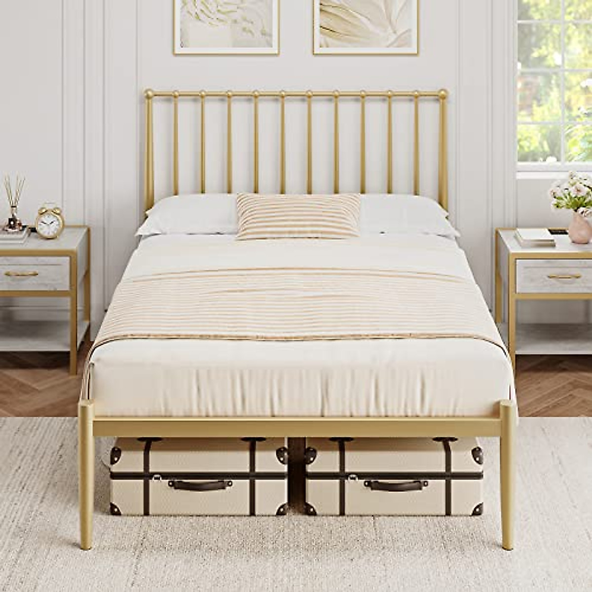 Amyove Gold Bed Frame Full Size Bed Frame with Modern Headboard, Platform Bed 14 Inches Metal Mattress Foundation for Storage, No Box Spring Needed, Easy Assembly, Gold