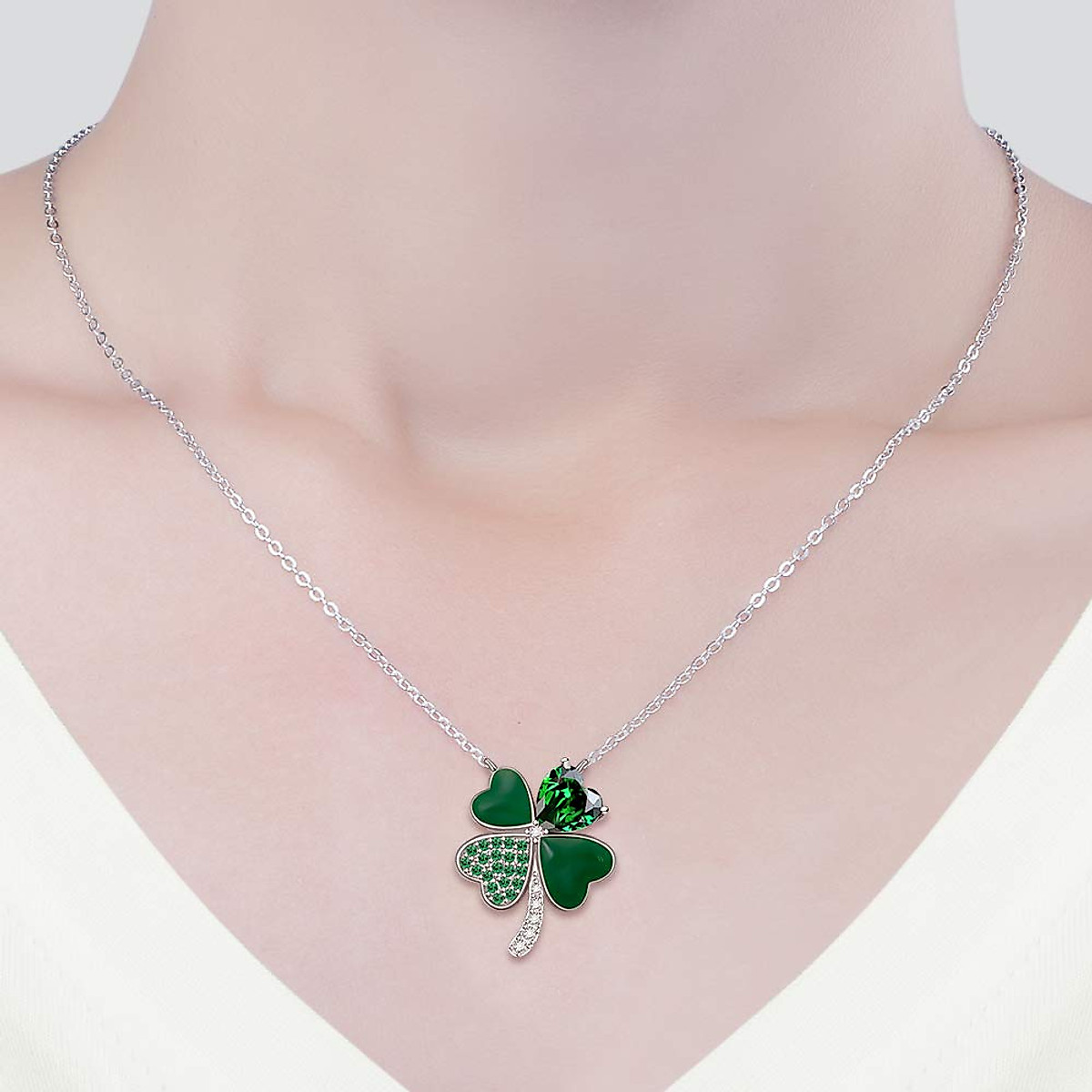 ST Patricks Day Irish Four Leaf Clover Shamrock Necklace for Women Heart 925 Sterling Silver Charm Fashion Green Love Emerald Pendant Choker Diamond Crystal Prom Valentine Necklaces