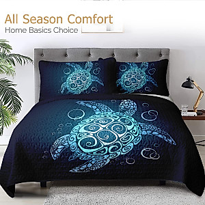 BlessLiving Turtle Quilt Set King Size Teal Turquoise - Summer Lightweight Bedspread - Beach Coastal Turtle Pattern - Soft Kids Bed Coverlet (Includes 1 Quilt, 2 Shams, size104 x90)