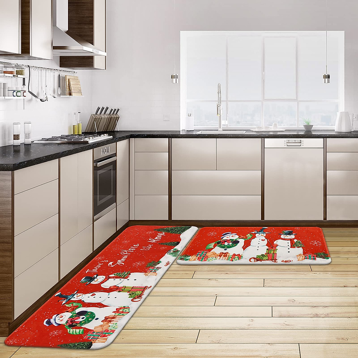 ASPMIZ 2 Pcs Merry Christmas Kitchen Rugs, Red Winter Area Rug Set of 2 Non Slip Washable, Absorbent Anti Fatigue Snowmen Kitchen Mat for Laundry Bathroom Bedroom Xmas Decor, 17'' x 47'' + 17'' x 30''