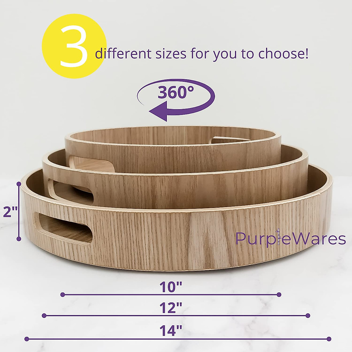 PurpleWares 12-inch Wood Lazy Susan – 360 Degree Rotating Natural Wooden Round Turntable Storage Serving Tray with Cut-out Handles for Kitchen, Pantry, Cabinet and Makeup Organization