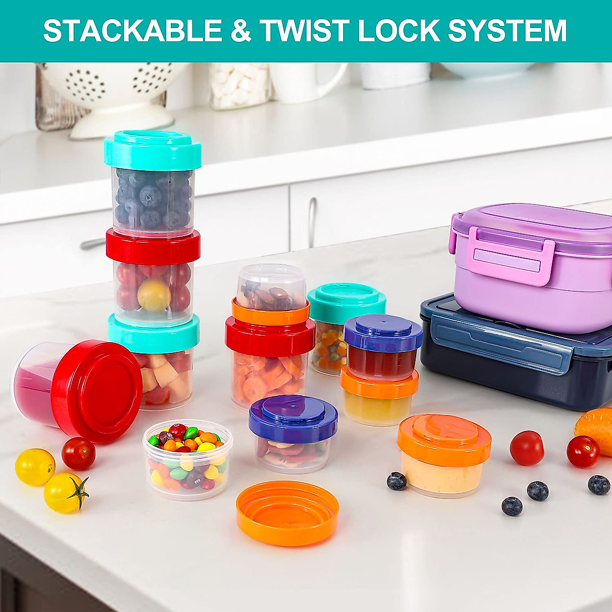 Caperci Leakproof Baby Food Containers, Freezer Safe, Dishwasher Safe, BPA Free, Airtight Stackable Small Snacks & Condiment Container with Lids, 4-Count(2 oz & 5 oz)