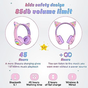 Riwbox CF9 Cat Ear Kids Bluetooth Headphones with LED Light Up,Safe 85dB Volume Limit,Built-in Mic&Boom Mic for Calls,Kids Wireless&Wired Headphones for Girls/Toddler/Online Learning/School (Purple)