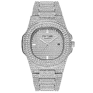 Gosasa Men's/Womens Unisex Crystal Watch Full Bling Iced-Out Cuban Watch Oblong Silver/Gold Wristwatch Hip-Hop Stainless Steel Bracelet Watch (Silver) (Silver)