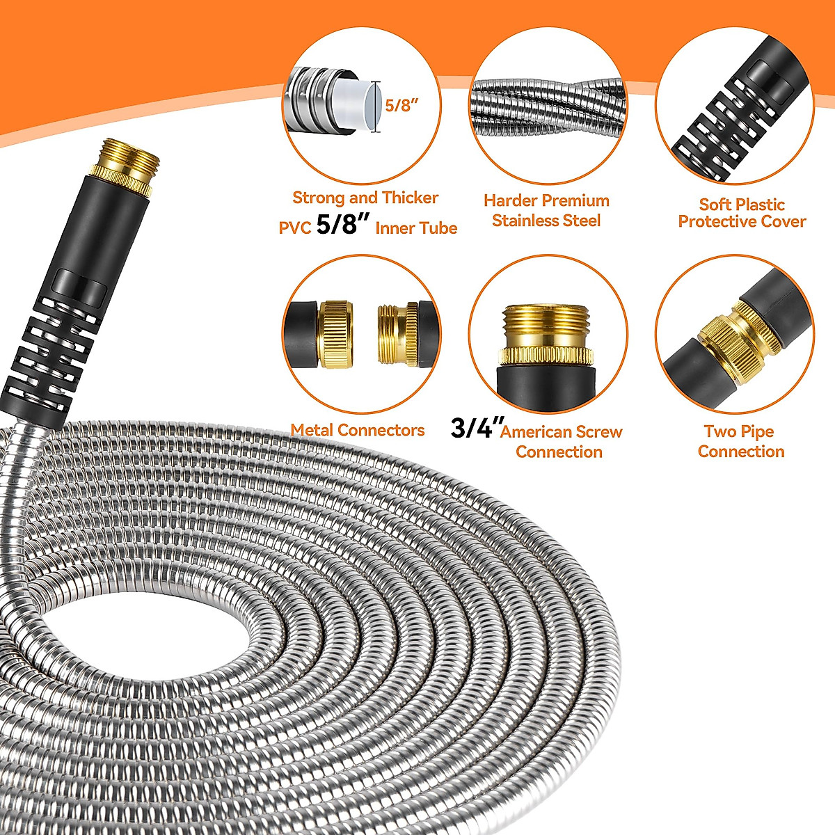 Garden Hose 50 ft - Metal Hose Flexible Garden Hose Stainless Steel Water Hose Lightweight Collapsible and No Kink Water Pipe